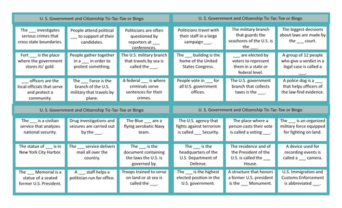 U. S. Government and Citizenship Legal Size Text Tic-Tac-Toe-Bingo Game ...