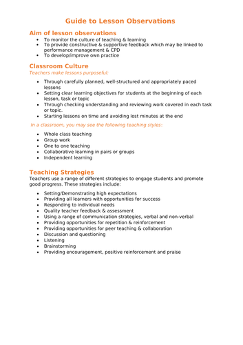 Guide to Lesson Observations - Reflection & Providing constructive ...