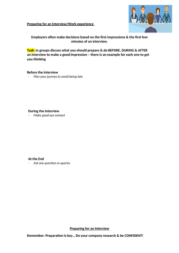 Preparing Students for Work Experience & Interviews Activity ...