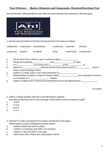 Year 8 Science Matter and Elements Test | Teaching Resources