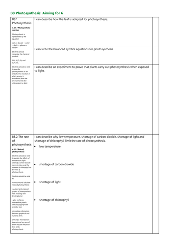 B8 Photosynthesis Grade 6 checklist AQA New Spec | Teaching Resources
