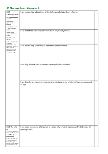 B8 Photosynthesis Grade 8 checklist AQA New Spec | Teaching Resources