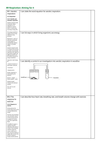 B9 Respiration Grade 4 Checklist AQA New Spec | Teaching Resources