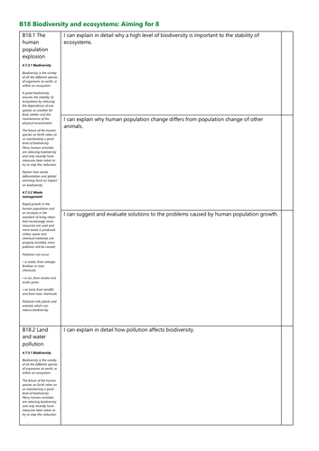 B18 Biodiversity and ecosystems Grade 8 Checklist AQA New Spec ...