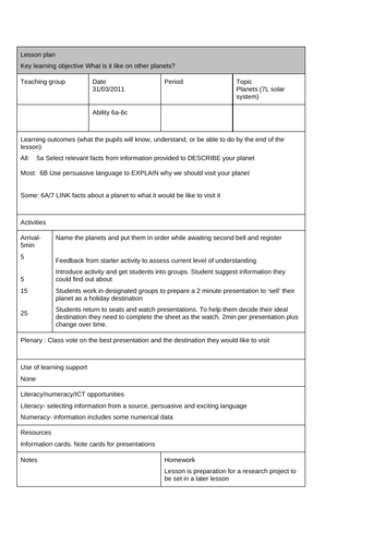 Planets Research full lesson year 7kl space/ earth and beyond ...