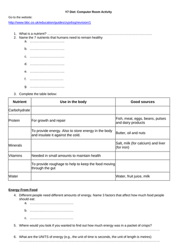 KS3 Unit 8A Biology Diet and digestion WORKSHEETS ONLY (Nutrients ...