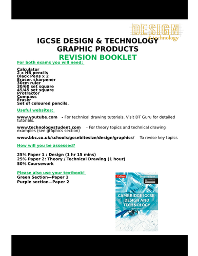 CIE IGCSE D&T REVISION GUIDE / BOOKLET - 56 Pages of detailed content ...