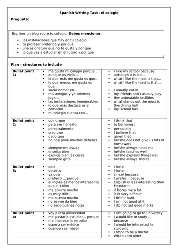 Spanish GCSE scaffolded writing task on school: mi colegio / mi ...