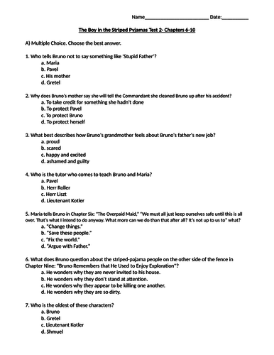 The Boy in the Striped Pyjamas Test | Teaching Resources