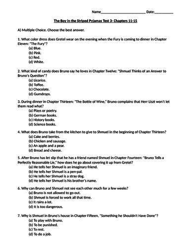 The Boy in the Striped Pyjamas Test | Teaching Resources