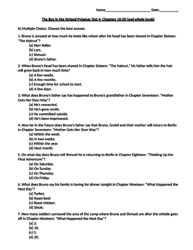 The Boy in the Striped Pyjamas Test | Teaching Resources