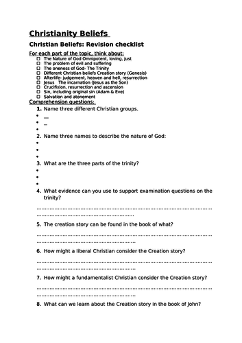 AQA RE - Christianity Beliefs Revision - Knowledge Checklist, retention questions, exam ...