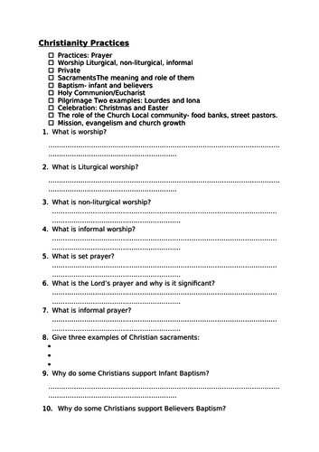 AQA RE - Christianity Practices Revision - Knowledge Checklist and retention questions ...