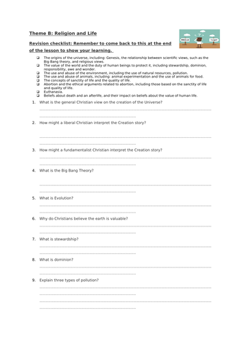 AQA RE - Religion and Life - Knowledge Checklist, retention and examination questions ...