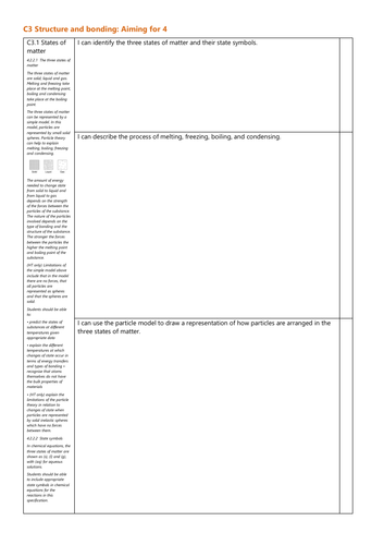 AQA GCSE Chemistry C3 Structure and bonding Checklists Grades 4, 6 & 8 ...