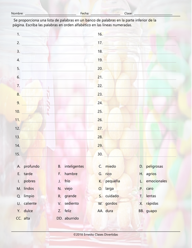 Adjectives Alphabetical Order I Spanish Worksheet | Teaching Resources