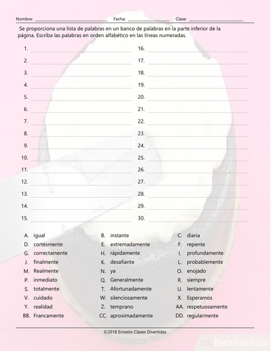 Adverbs Alphabetical Order I Spanish Worksheet | Teaching Resources