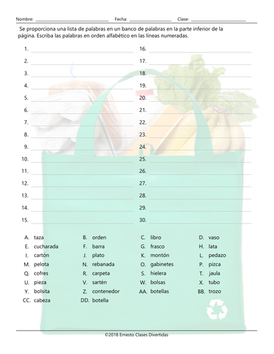 Container Words Alphabetical Order I Spanish Worksheet | Teaching Resources