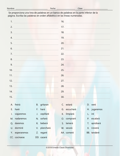 Future Simple Tense with Will Alphabetical Order I Spanish Workseet ...