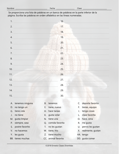 Have, Do, Like, and Favorites Alphabetical Order I Spanish Worksheet ...