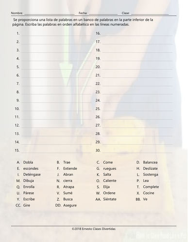 Imperative Verbs Alphabetical Order I Spanish Worksheet | Teaching ...