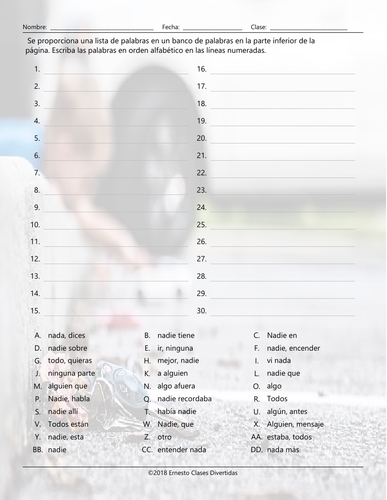 Indefinite Pronouns Alphabetical Order I Spanish Worksheet | Teaching ...