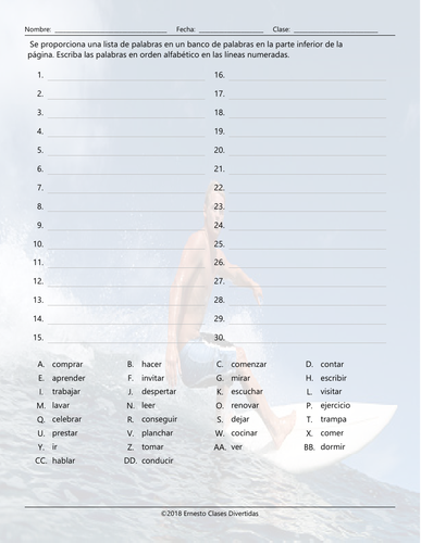 Infinitives Alphabetical Order I Spanish Worksheet | Teaching Resources