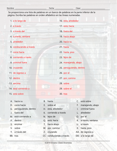 Movement Prepositions Alphabetical Order I Spanish Worksheet | Teaching ...