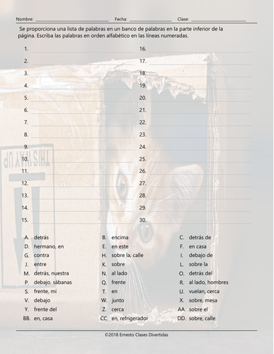 Place Prepositions Alphabetical Order I Spanish Worksheet | Teaching ...