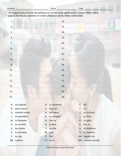 Possessive Adjectives Alphabetical Order I Spanish Worksheet | Teaching ...