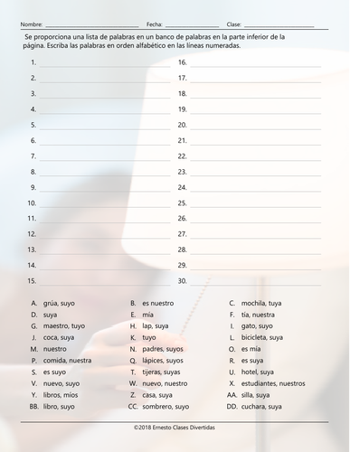 Possessive Pronouns Alphabetical Order I Spanish Worksheet | Teaching ...