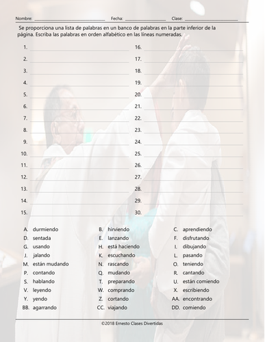 Present Continuous Tense Alphabetical Order I Spanish Worksheet ...