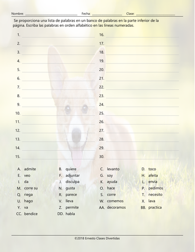 Present Simple Tense Alphabetical Order I Spanish Worksheet | Teaching ...