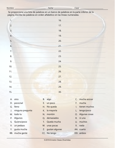 Quantifiers Alphabetical Order I Spanish Worksheet | Teaching Resources