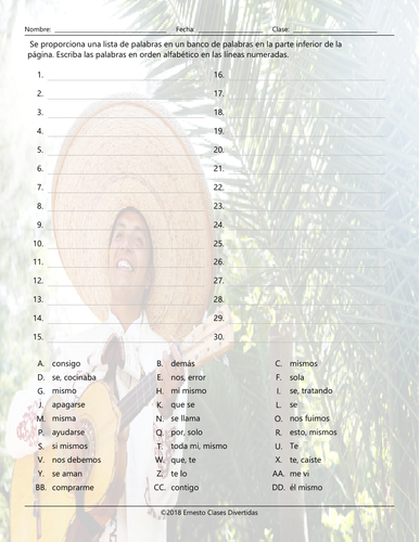 Reflexive and Reciprocal Pronouns Alphabetical Order I Spanish ...