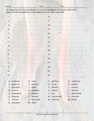 Word Forms Alphabetical Order I Spanish Worksheet | Teaching Resources