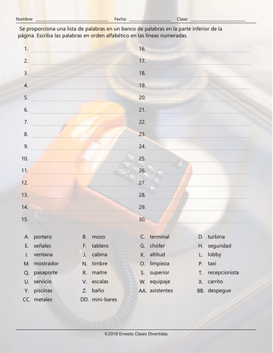 Airports and Hotels Alphabetical Order I Spanish Worksheet | Teaching ...