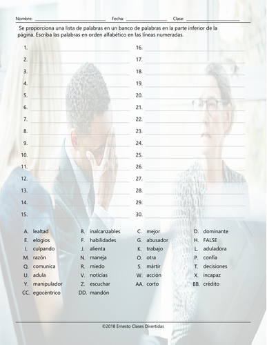 Bad Bosses are Bad Business Alphabetical Order I Spanish Worksheet ...