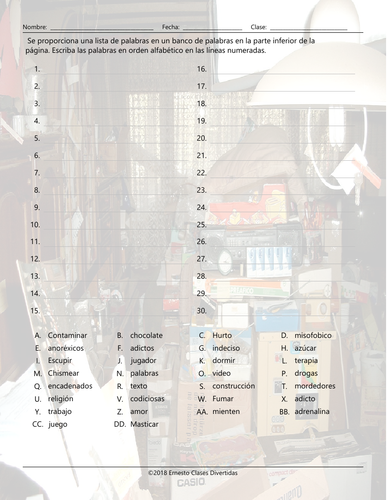 Bad Habits and Addictions Alphabetical Order I Spanish Worksheet ...