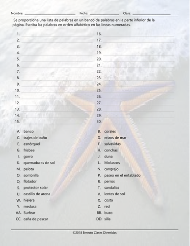 Beach Things and Activities Alphabetical Order I Spanish Workshet ...
