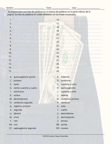 Cardinal and Ordinal Numbers Alphabetical Order I Spanish Worksheet ...
