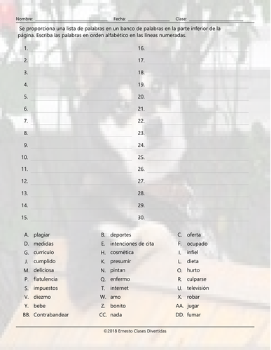 Cheaters and Dishonesty Alphabetical Order I Spanish Worksheet ...