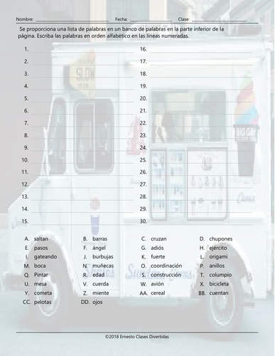 Childhood Activities Alphabetical Order I Spanish Worksheet | Teaching ...