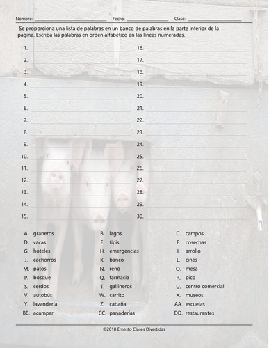 City versus Country Alphabetical Order I Spanish Worksheet | Teaching ...
