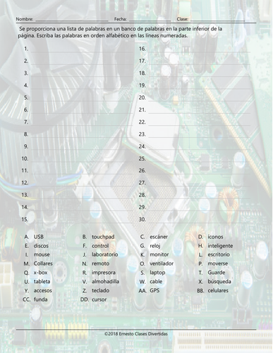 Computer Technology Alphabetical Order I Spanish Worksheet | Teaching ...