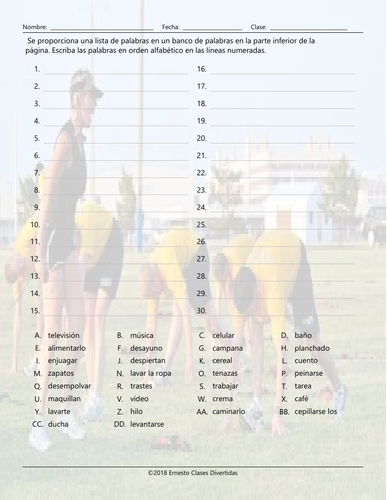 Daily Activities Alphabetical Order I Spanish Worksheet | Teaching ...
