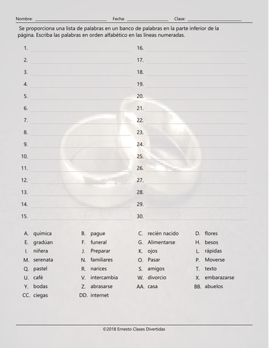 Dating and Marriage Alphabetical Order I Spanish Worksheet | Teaching ...