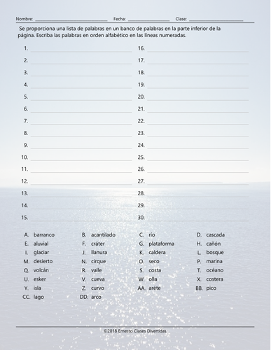 Geology and Planet Earth Alphabetical Order I Spanish Worksheet ...