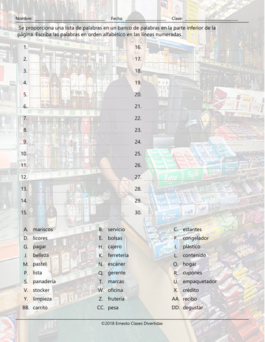 Grocery Shopping Alphabetical Order I Spanish Worksheet | Teaching ...