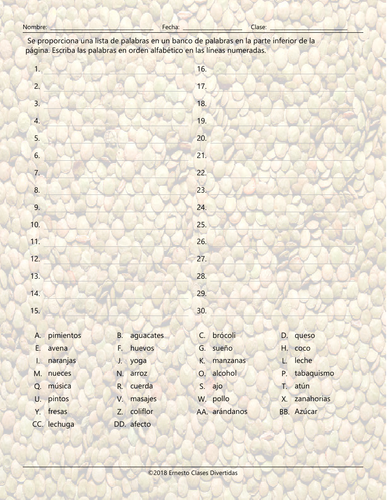 Healthy Lifestyle and Nutrition Alphabetical Order I Spanish Worksheet ...